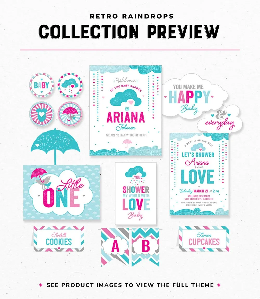 Cartoon Raindrops Baby Shower Cute Smiling White Cloud Big Raindrops